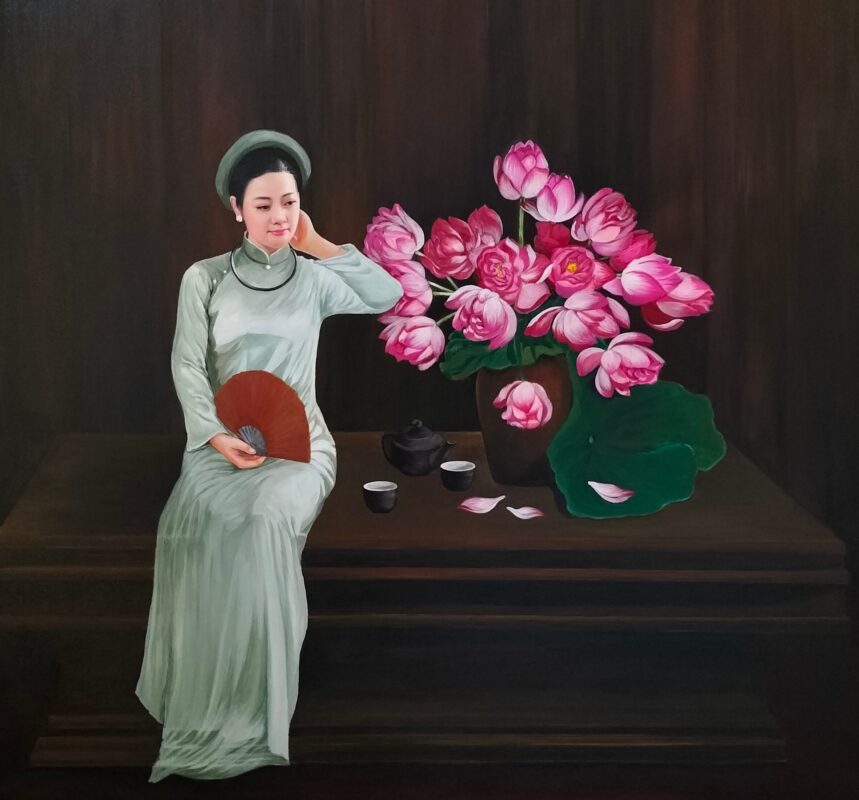Duyên dáng bên sen - Tranh Sơn Dầu